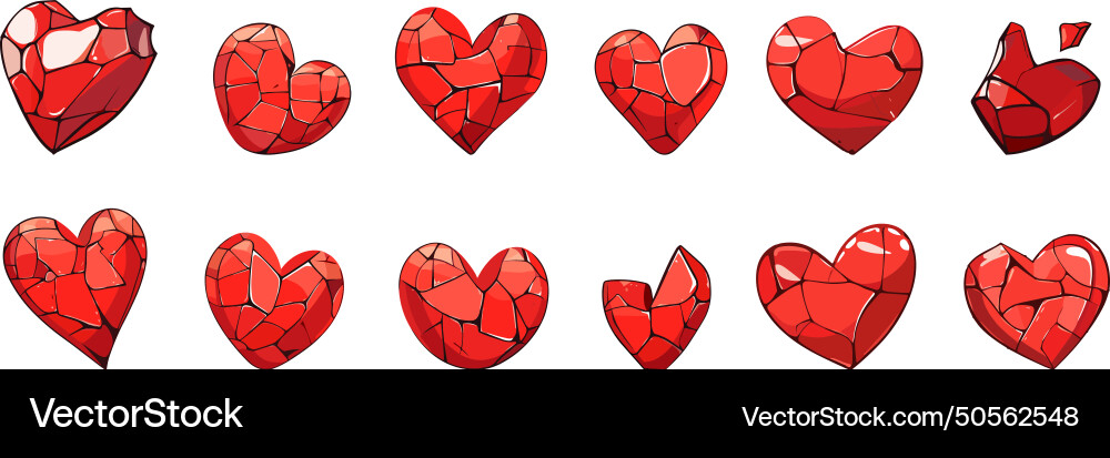 Cartoon broken red hearts heart with cracks Vector Image
