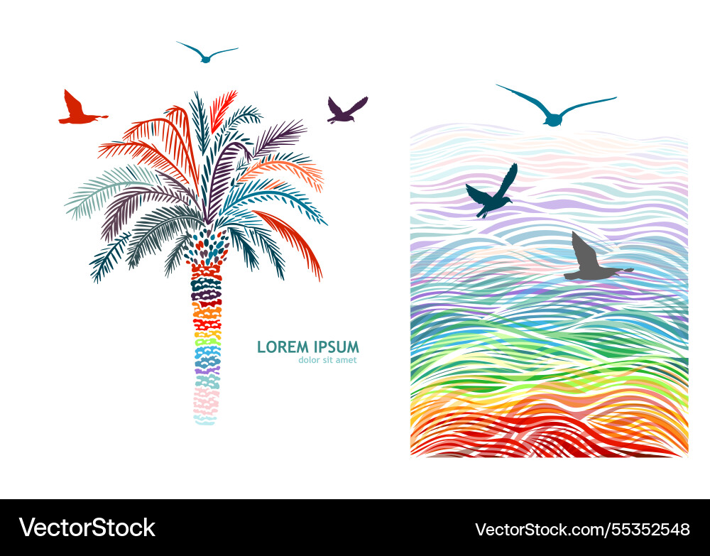 Graphic colored palm tree with seagulls hand Vector Image