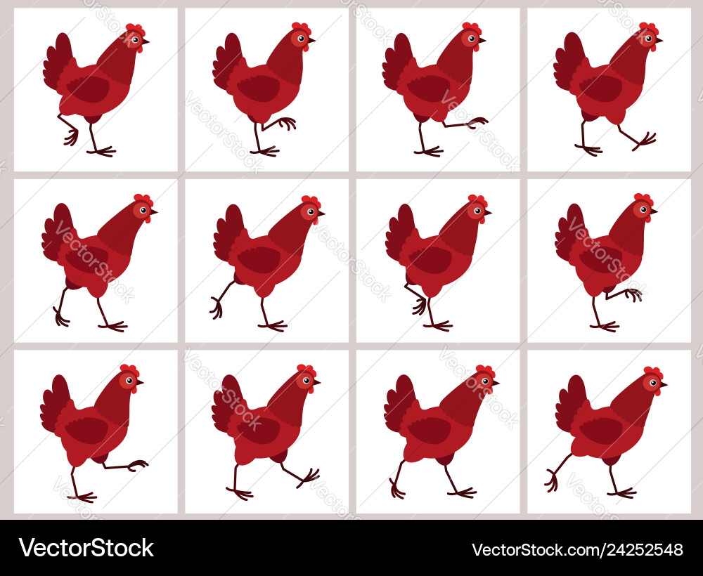 Walking red hen animation sprite sheet isolated Vector Image