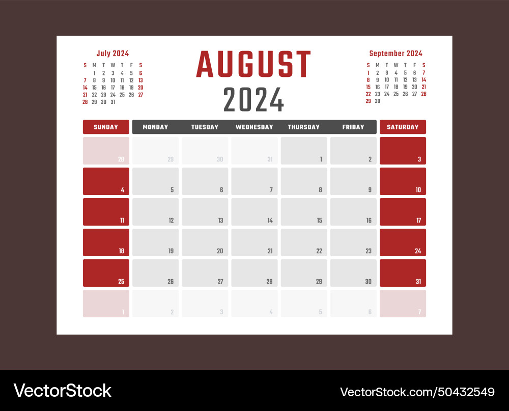 Calendar for august 2024 starts sunday Royalty Free Vector