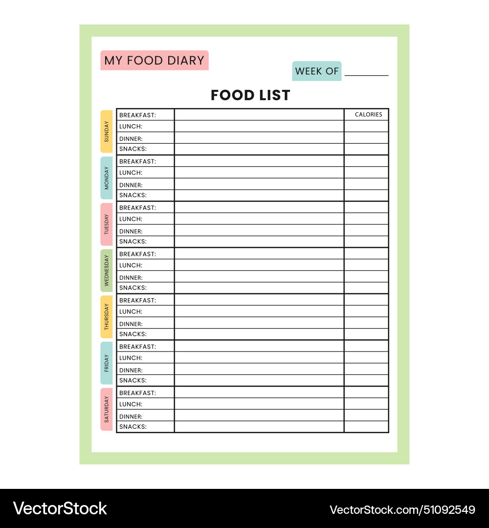 Food diary planner page template weekly meals Vector Image