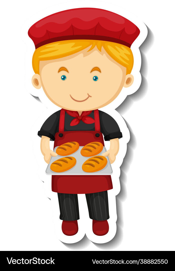 Sticker template with a baker boy holds baked Vector Image