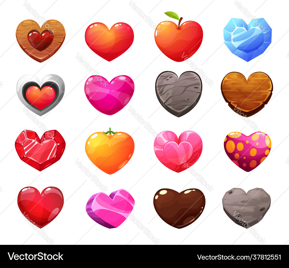 Different materials cartoon hearts icons Vector Image