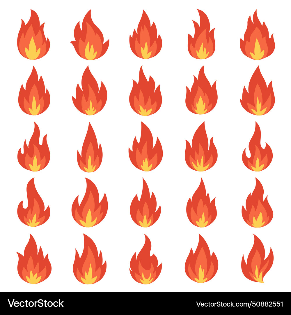Fire flame icon set isolated campfire Royalty Free Vector