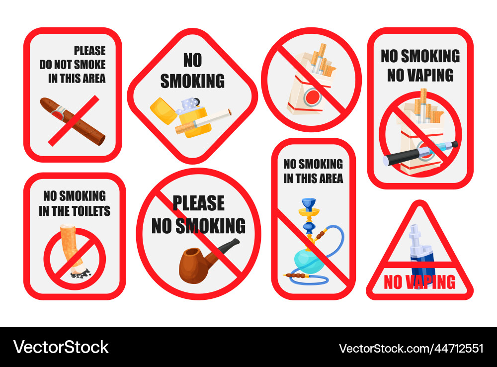 No smoking forbidden symbols in red frame set Vector Image