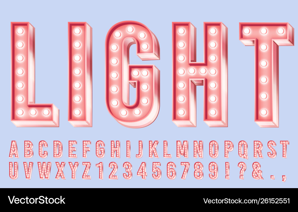 Retro Pink Lighting Font - Alphabet & Bulbs Vector Image