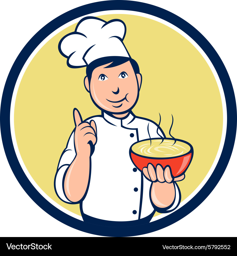 Chef cook bowl pointing circle cartoon Royalty Free Vector
