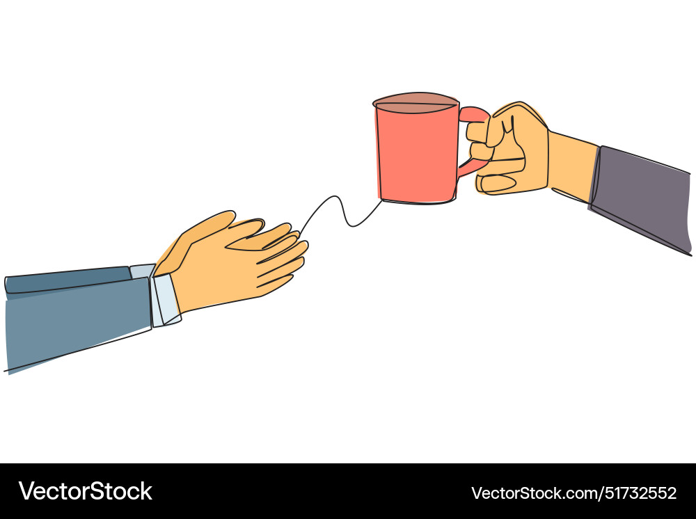 Continuous one line drawing hand giving mug glass Vector Image