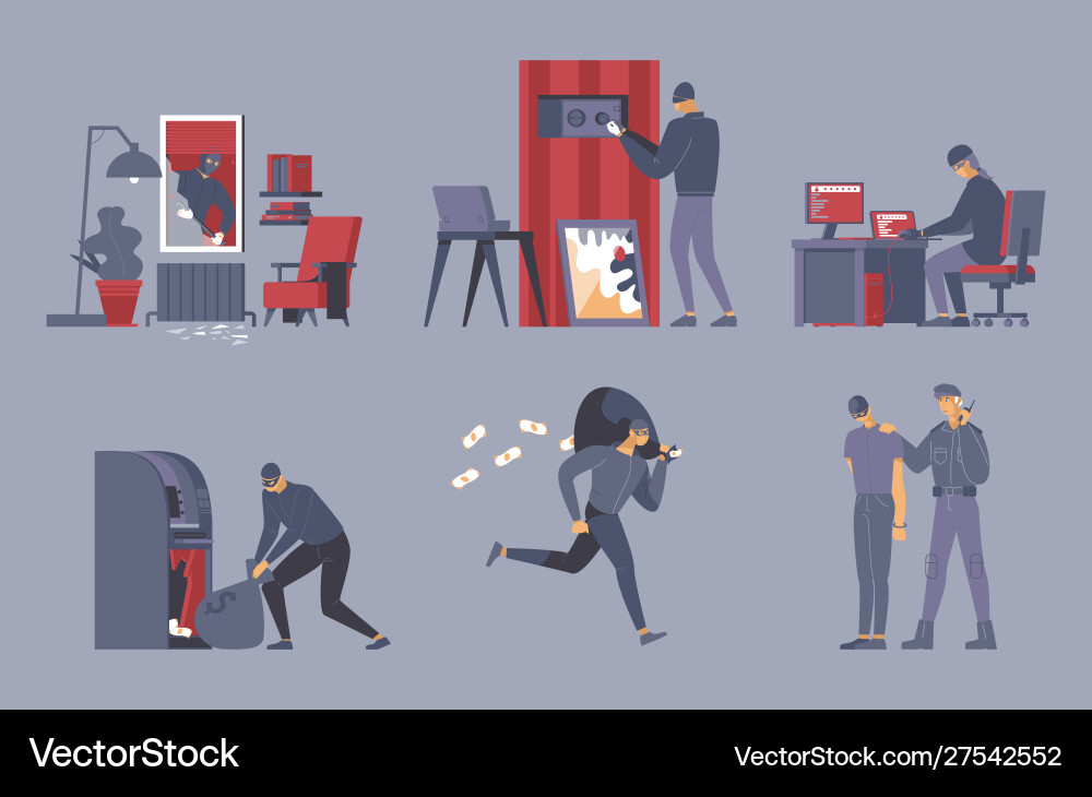 Criminal activities flat set Royalty Free Vector Image