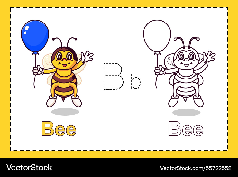 Cute bee flashcards coloring and writing sheet Vector Image