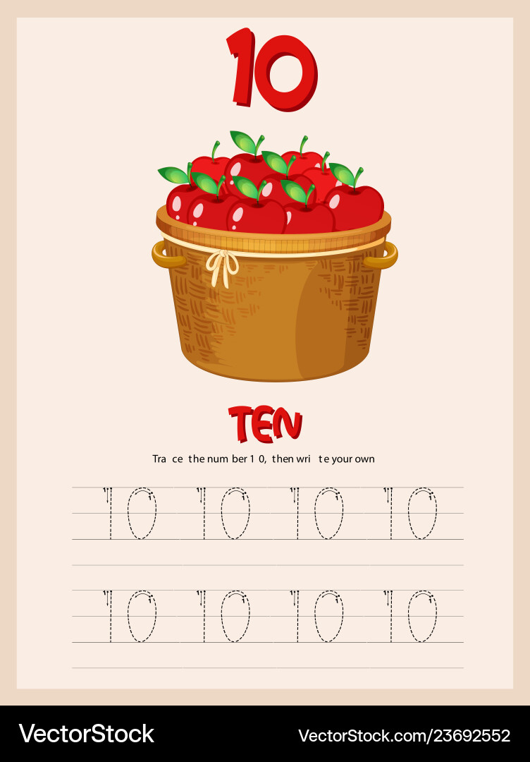 Number ten tracing worksheets Royalty Free Vector Image