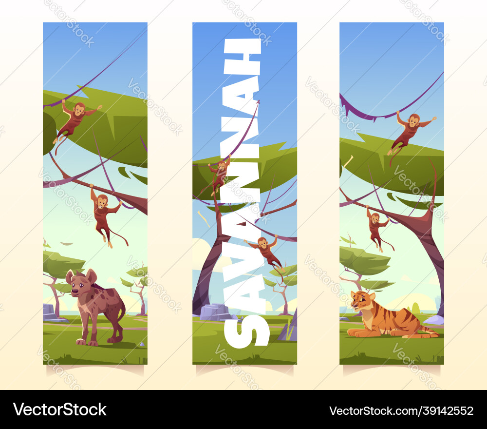 Savannah animals cartoon vertical banners set Vector Image