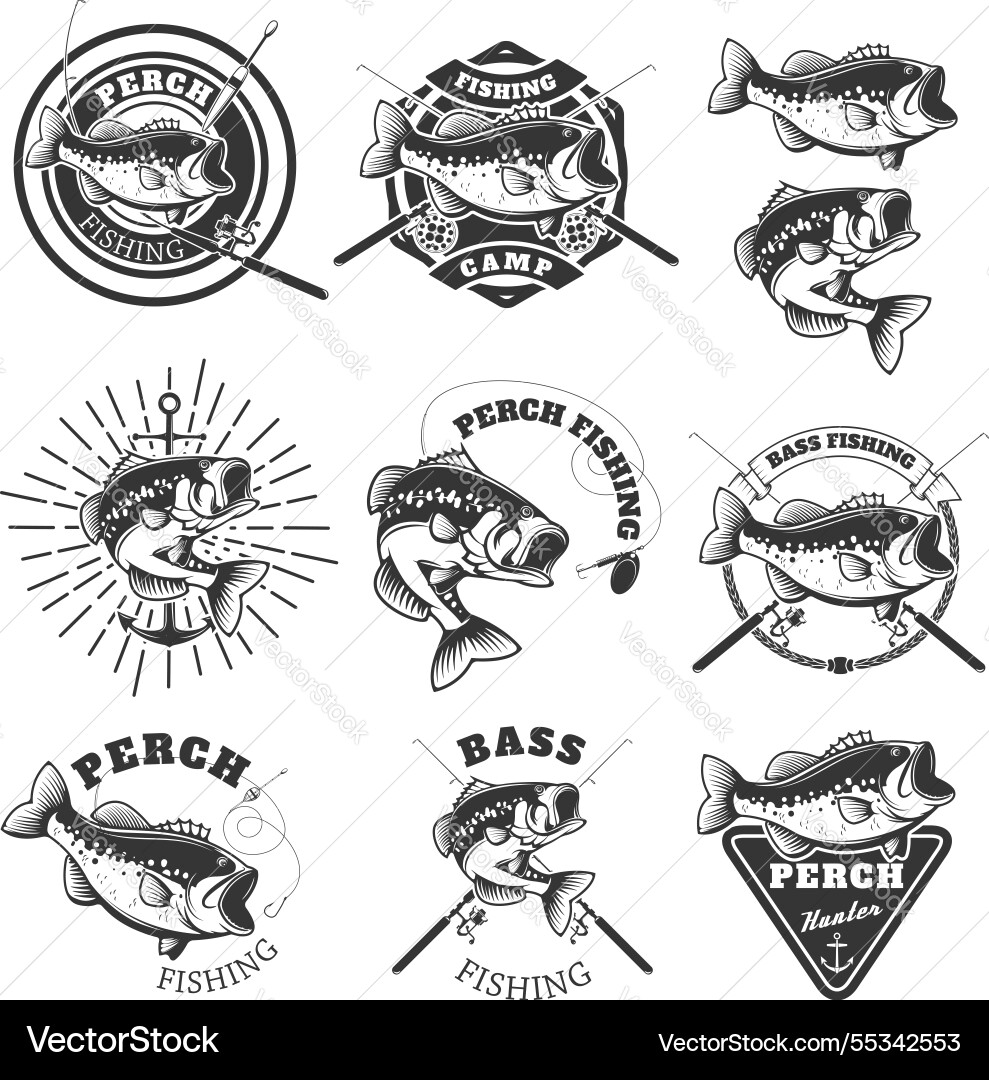 Bass fishing labels perch fish emblems templates Vector Image