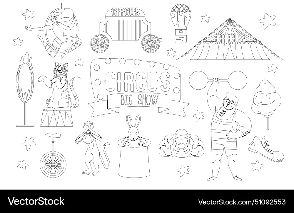 Circus artists animals and objects outline Vector Image