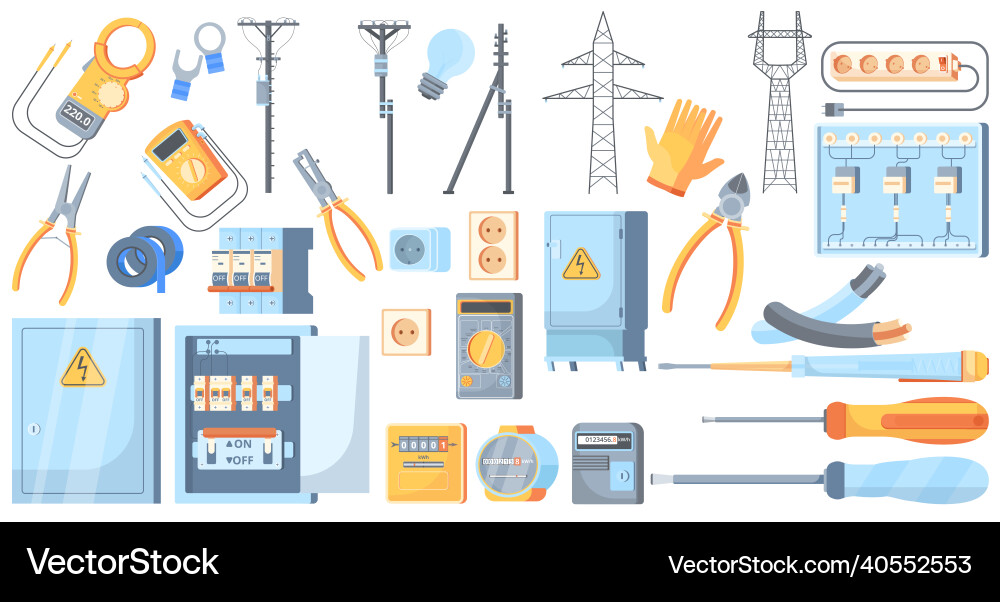 Electricity tools and equipment set Royalty Free Vector