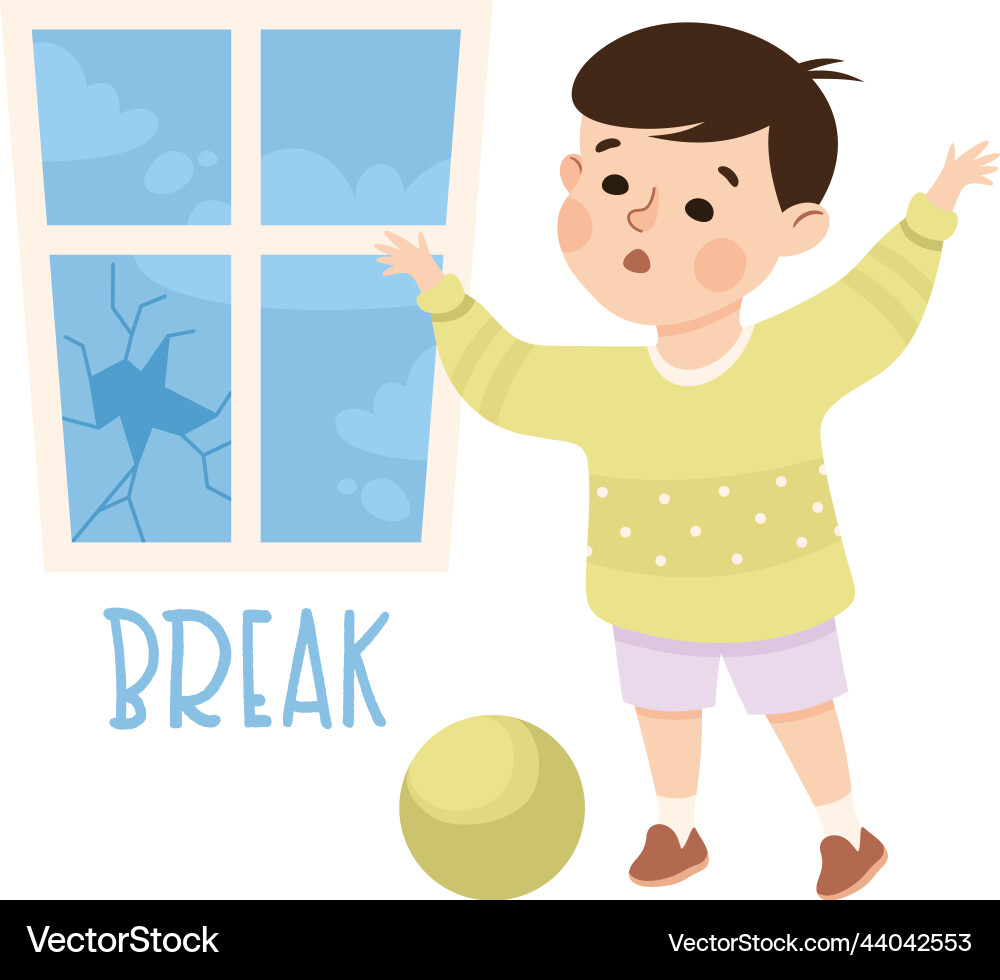 Little boy breaking window with ball demonstrating