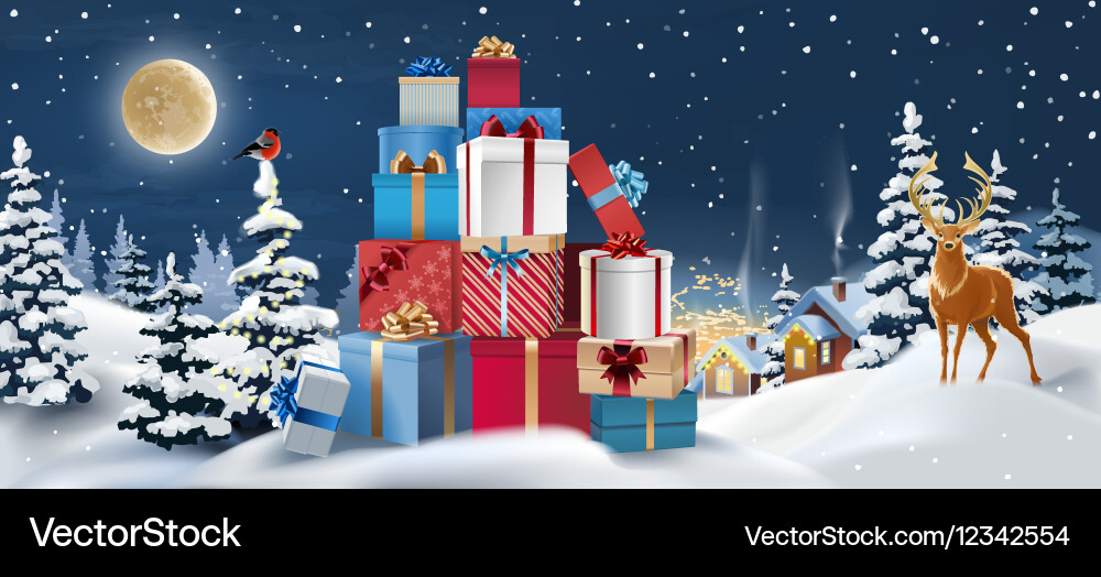 Winter landscape with gifts Royalty Free Vector Image