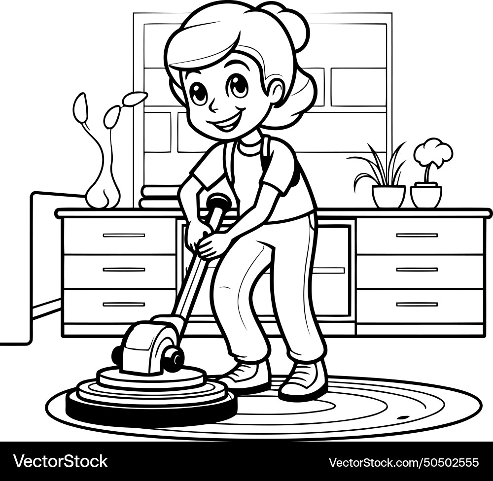 Boy cleaning floor with vacuum cleaner - black Vector Image