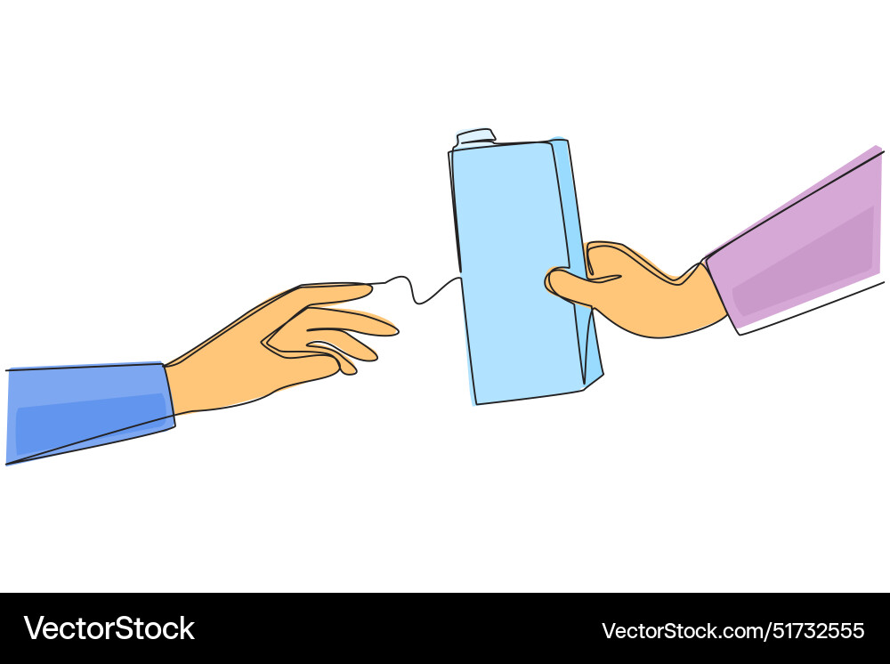 Single one line drawing hand giving tetra pack Vector Image