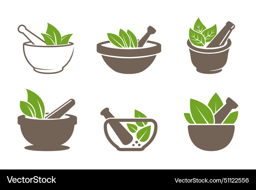Set bowl leaves therapy ayurveda pharma Royalty Free Vector