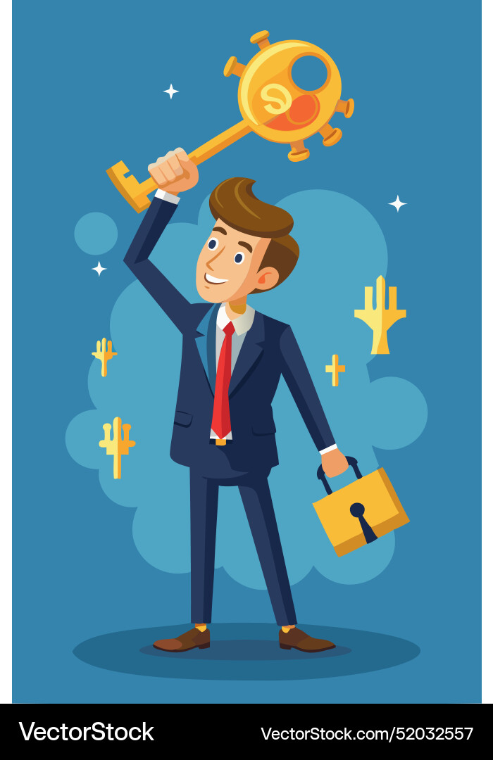 Businessman unlocking success with golden key Vector Image Businessman unlocking success with golden key Vector Image