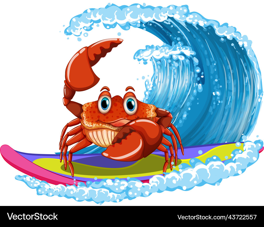 Cute crab cartoon character surfing Royalty Free Vector