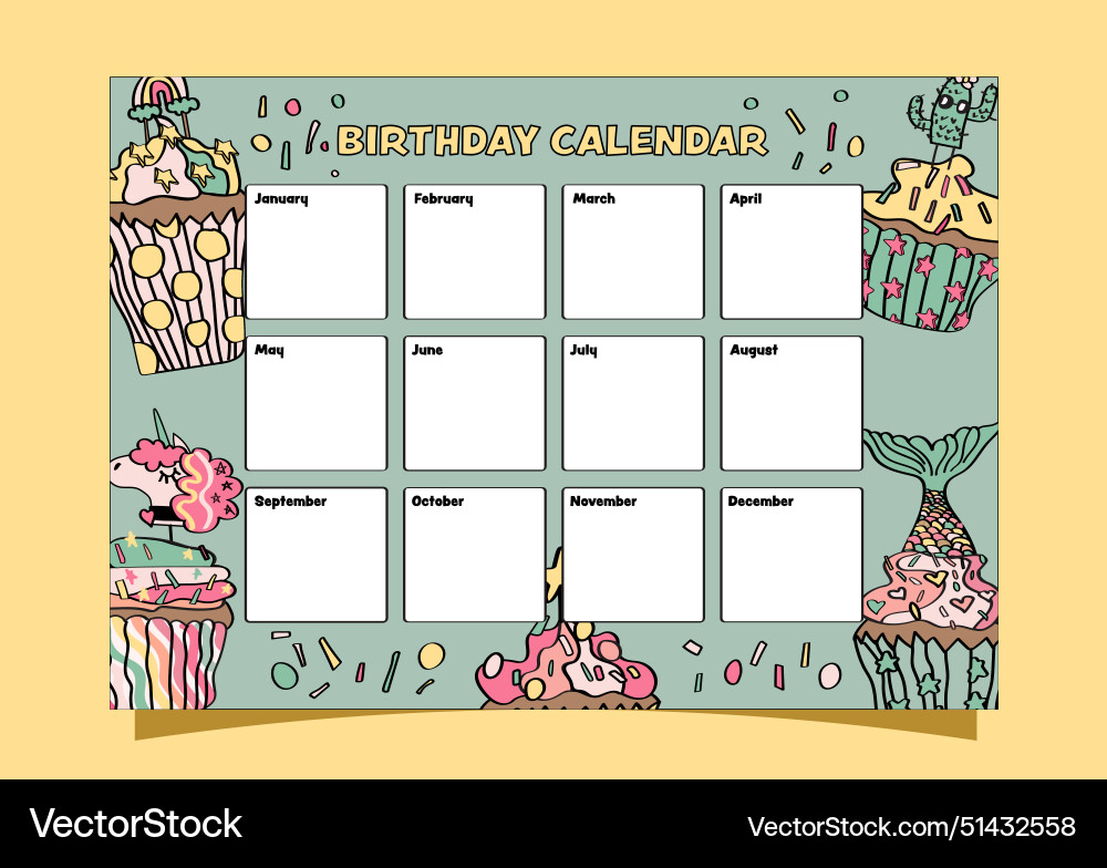 Birthday calendar with cute cupcakes Royalty Free Vector