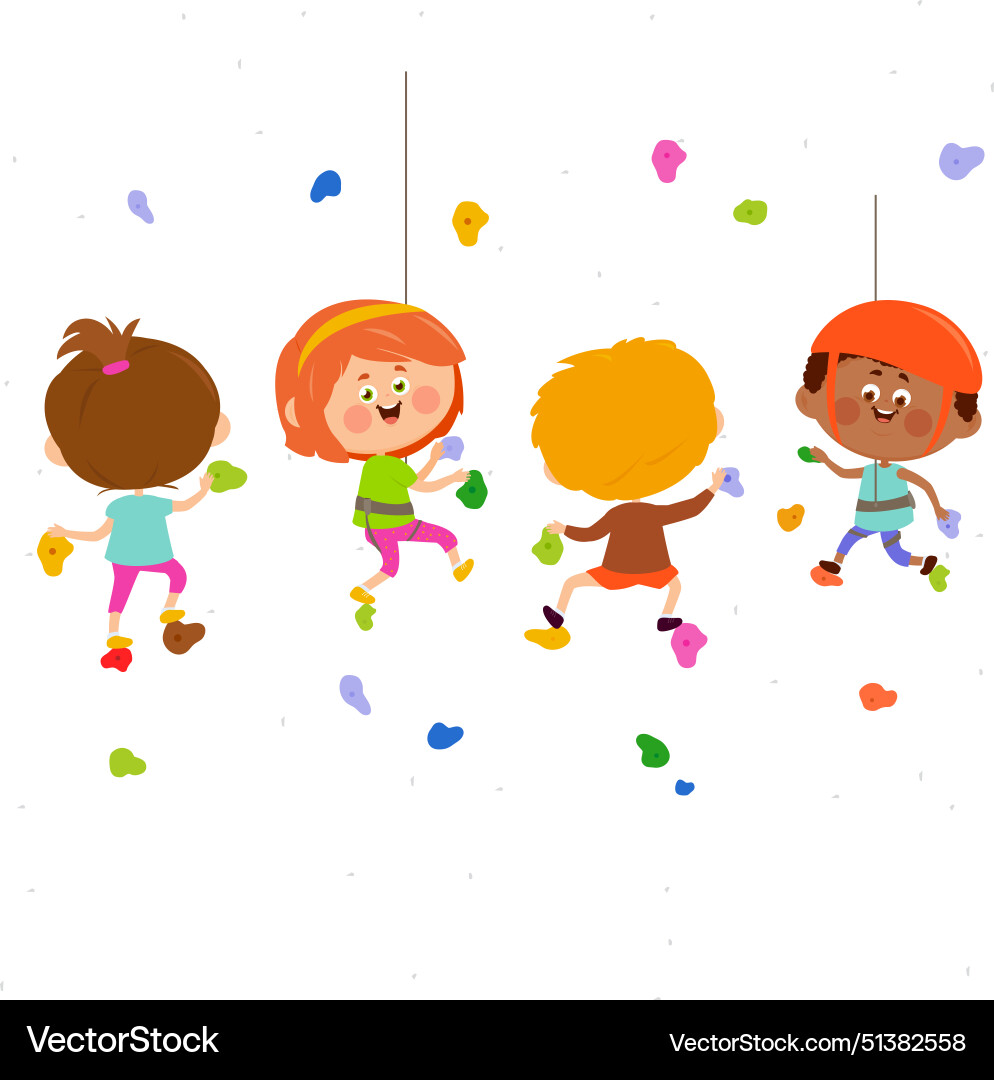 Children climbing bouldering rock wall Royalty Free Vector