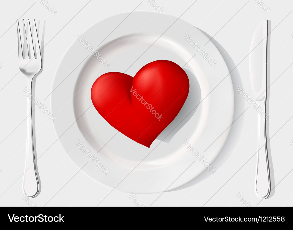 Red heart on a plate fork and knife white ba Vector Image