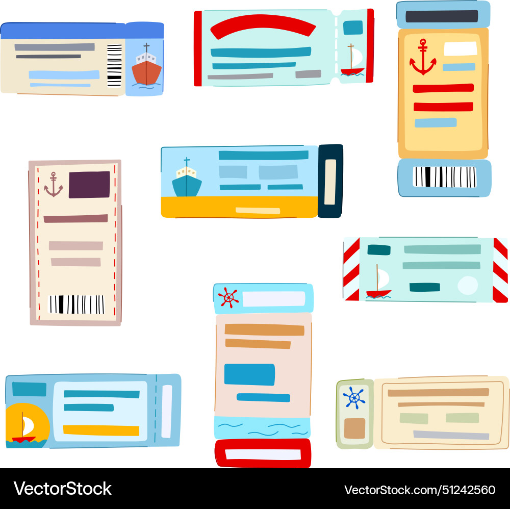 Cruise ship ticket set cartoon Royalty Free Vector Image