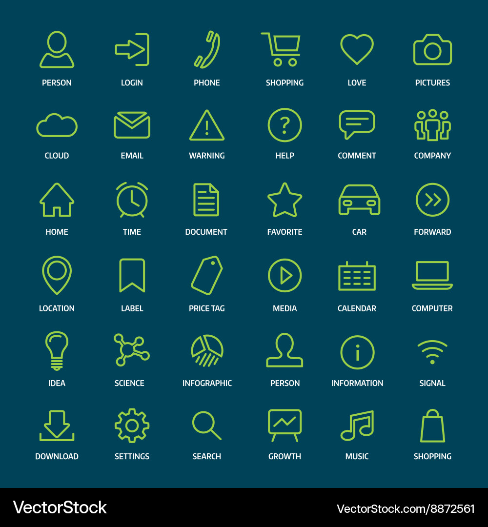 Set of basic green outline icons for print or web Vector Image