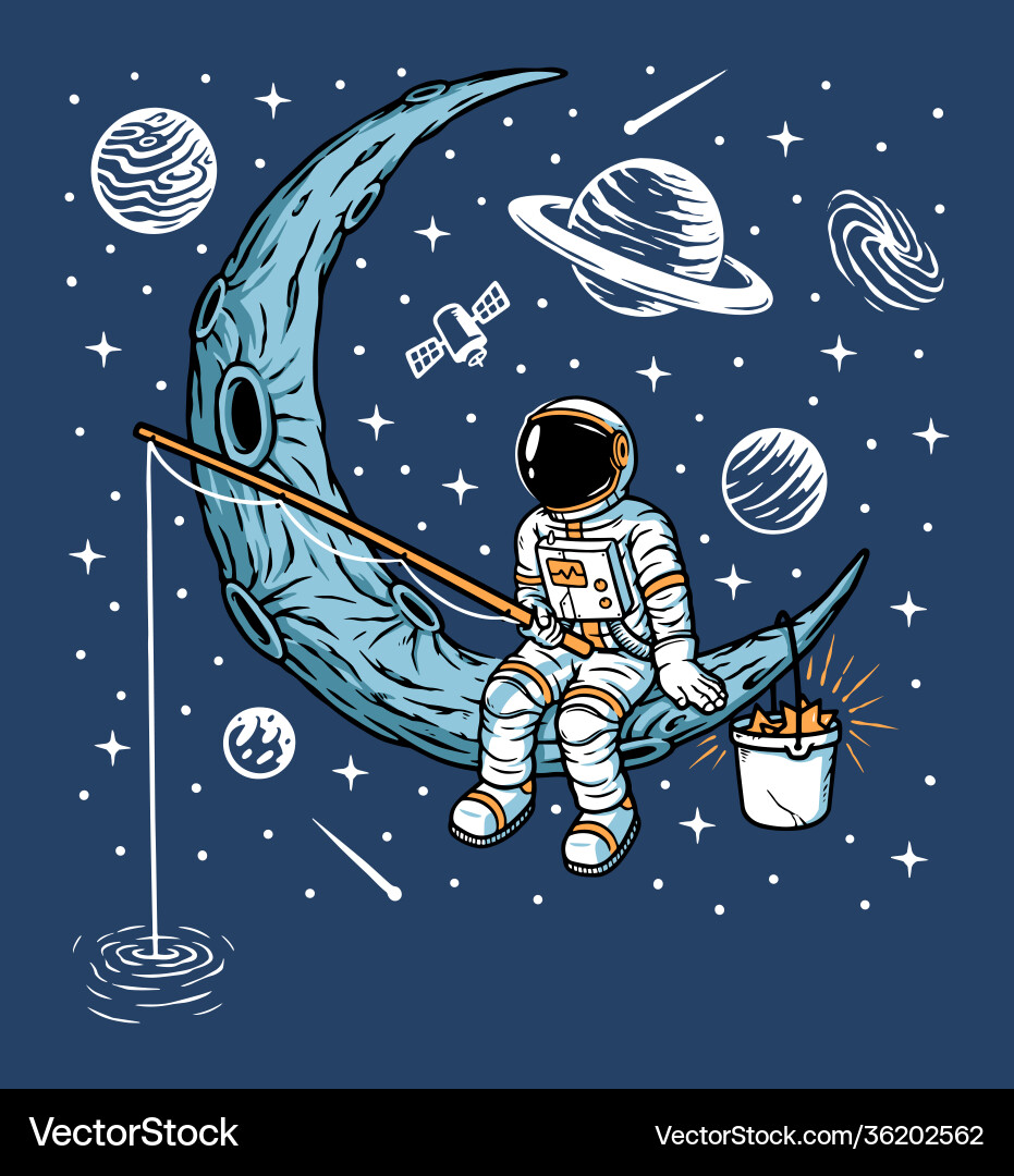 Astronauts fishing on moon Royalty Free Vector Image