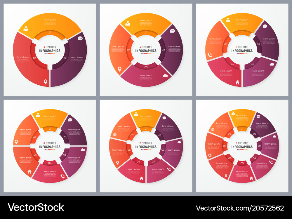 Circle chart templates with 3 4 5 6 7 8 options Vector Image