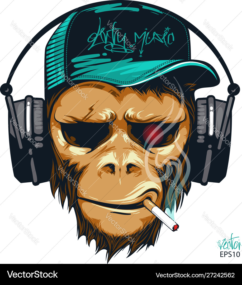 Music fan hipster monkey in headphone Royalty Free Vector