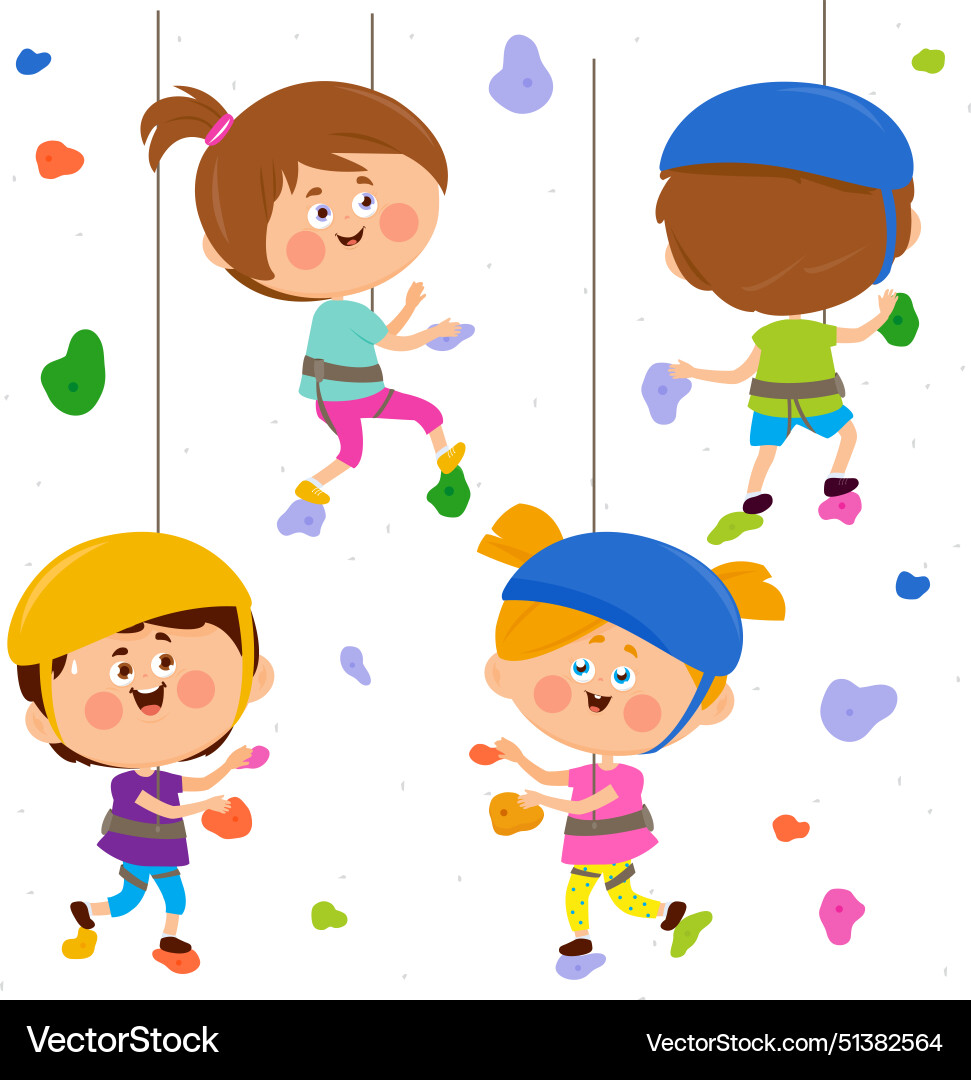 Children climbing bouldering rock wall Royalty Free Vector