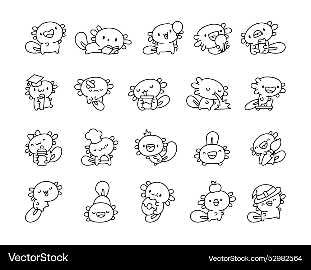 Happy kawaii axolotl coloring page Royalty Free Vector Image