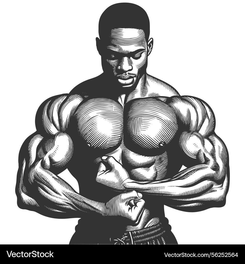 Muscular bodybuilder posing engraving Royalty Free Vector