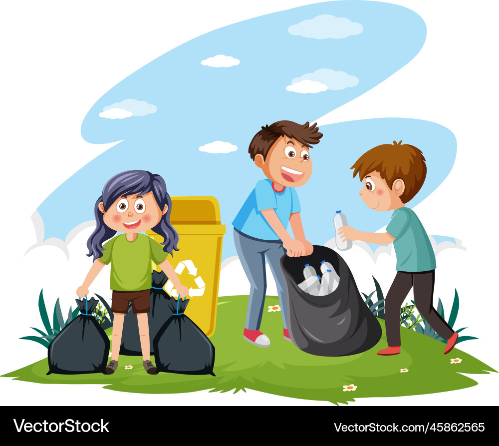 Children Collecting Trash Outdoors Royalty Free Vector Image