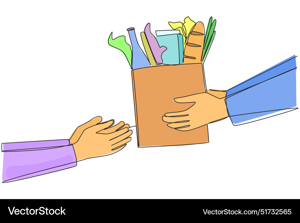 Continuous one line drawing hand giving grocery Vector Image