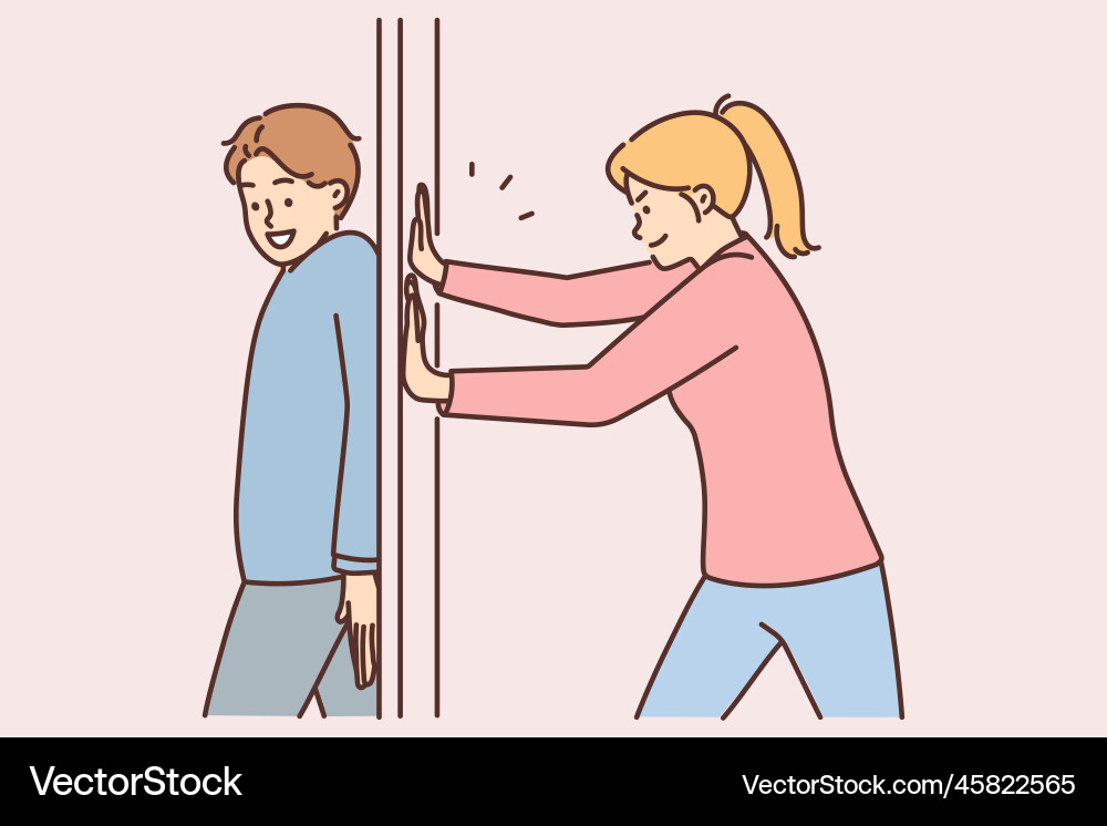 Positive man hides behind door preventing Vector Image