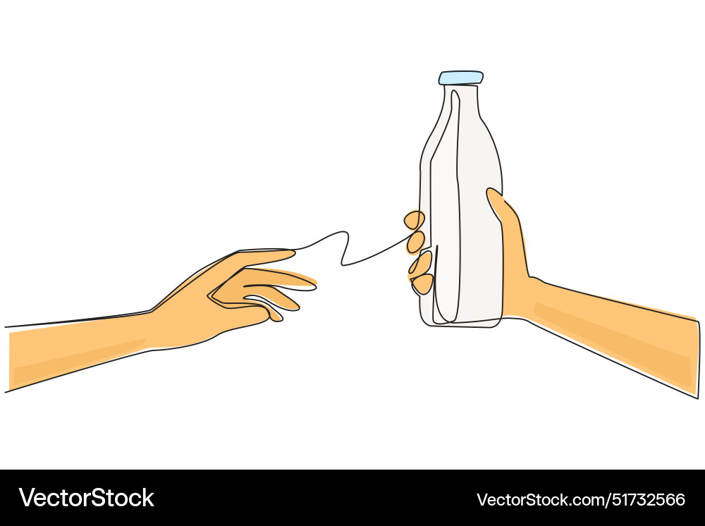 Single continuous line drawing hand giving bottle Vector Image