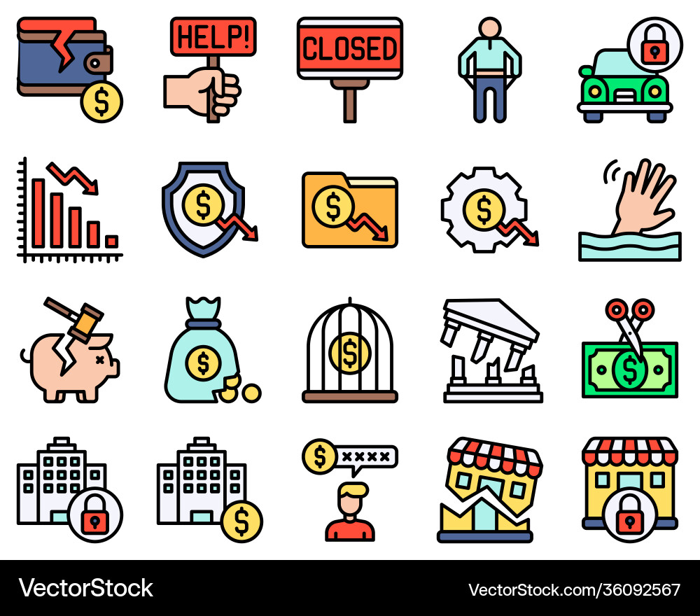 Bankruptcy Icon Set - Financial Distress Vector Image