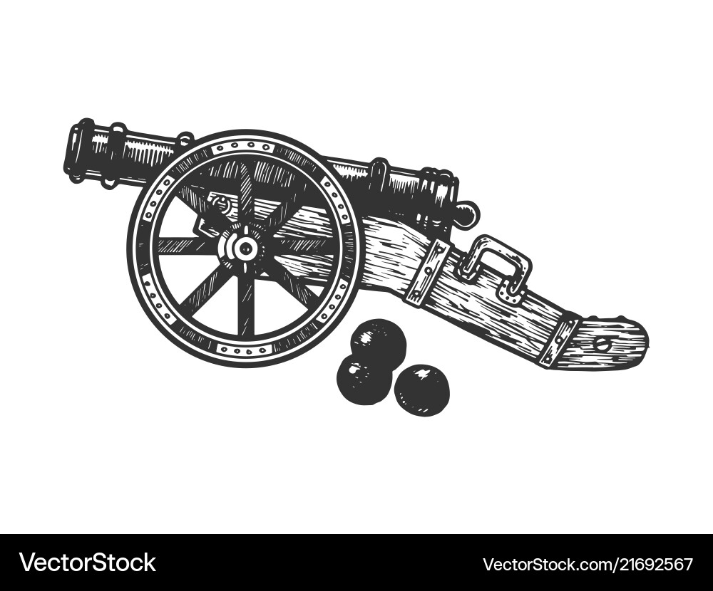 Cannon and cannonball engraving Royalty Free Vector Image