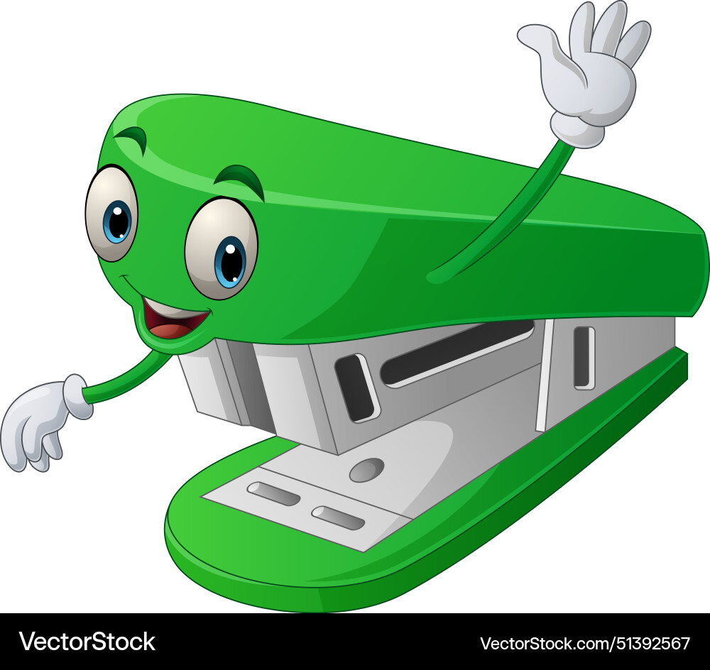 Cartoon happy stapler character waving hand Vector Image
