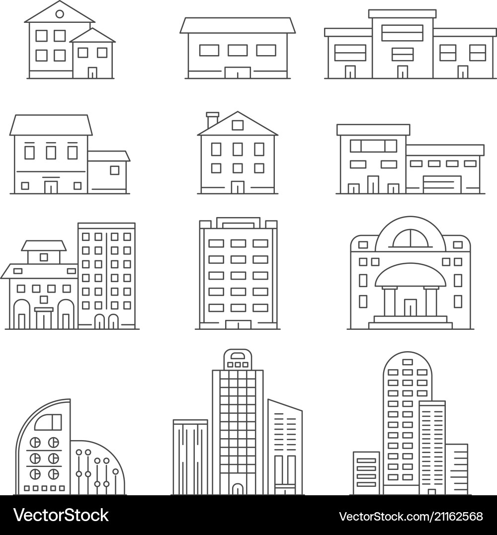 House and business buildings linear Royalty Free Vector