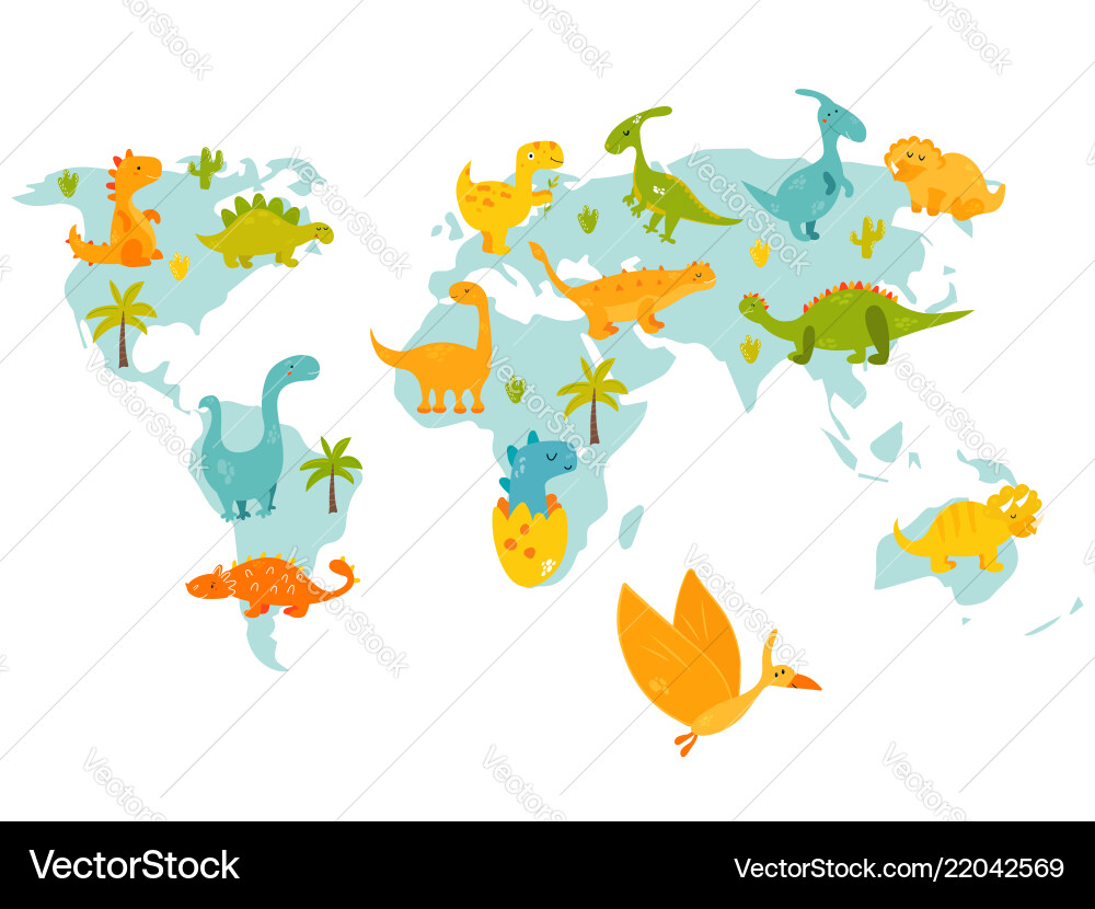 Cute Dinosaur World Map Royalty Free Vector Image
