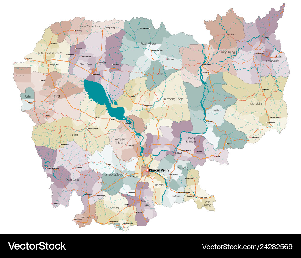 Detailed map of cambodia Royalty Free Vector Image