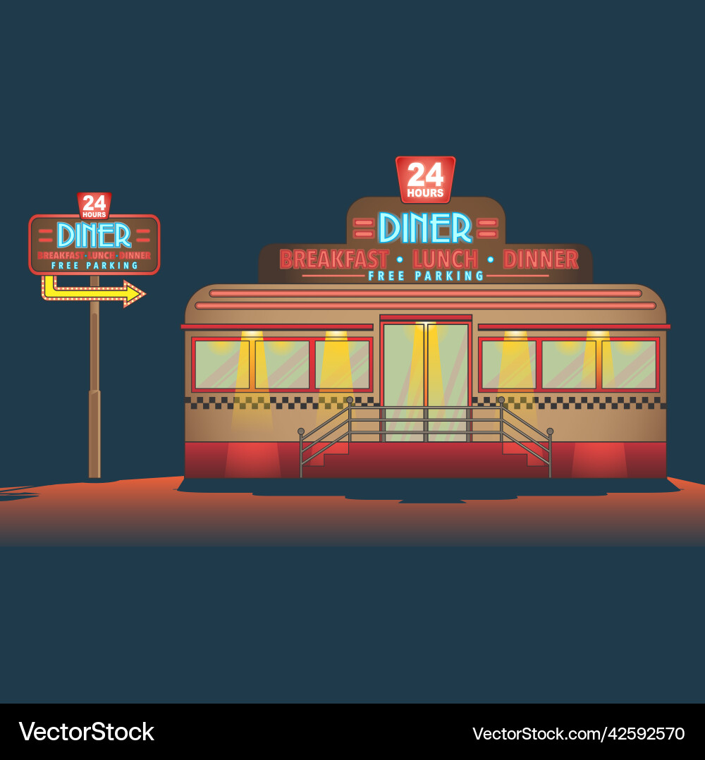 American diner classic restaurant at night Vector Image
