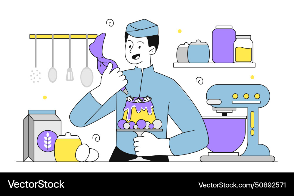 Baker cooking cake linear Royalty Free Vector Image