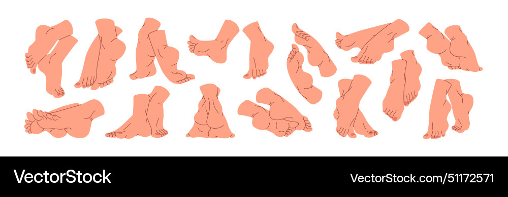 Barefoot female feet in different poses set bare Vector Image